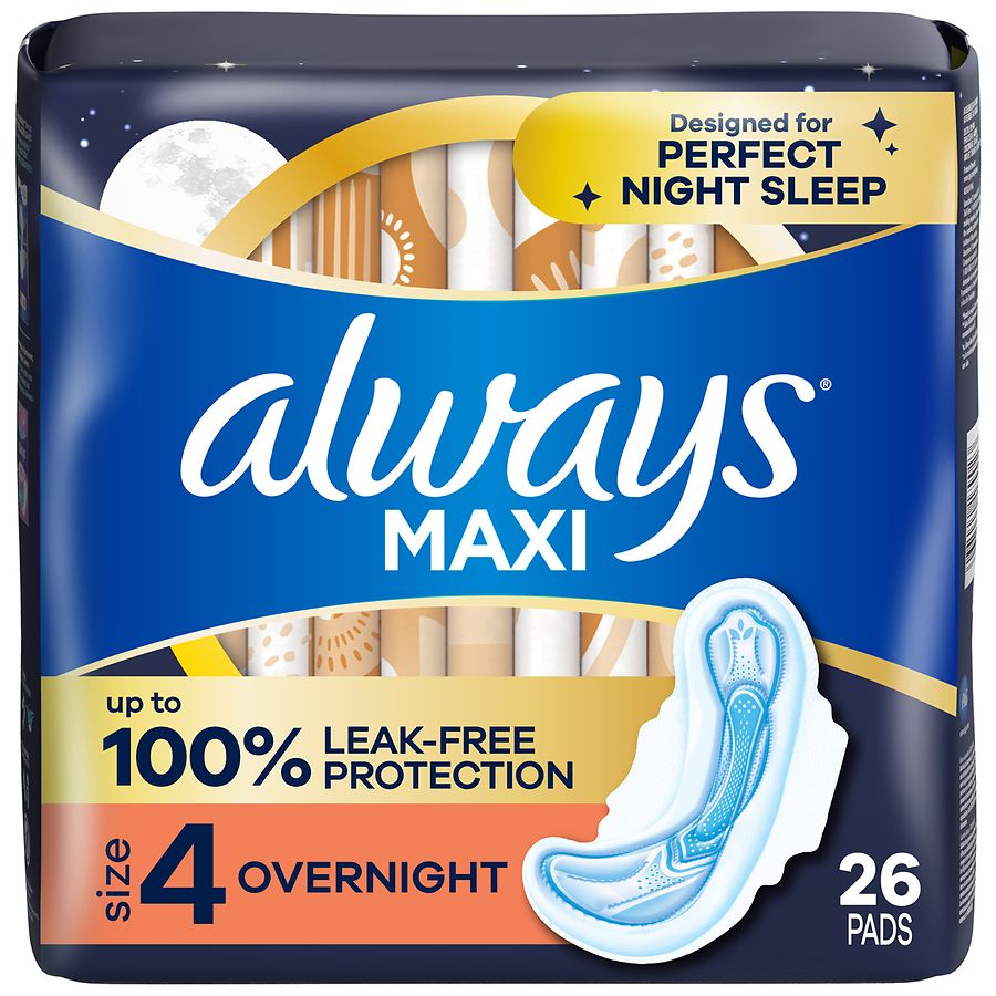 Always Maxi Overnight Pads with Wings for Women No scent, Size 4 ...