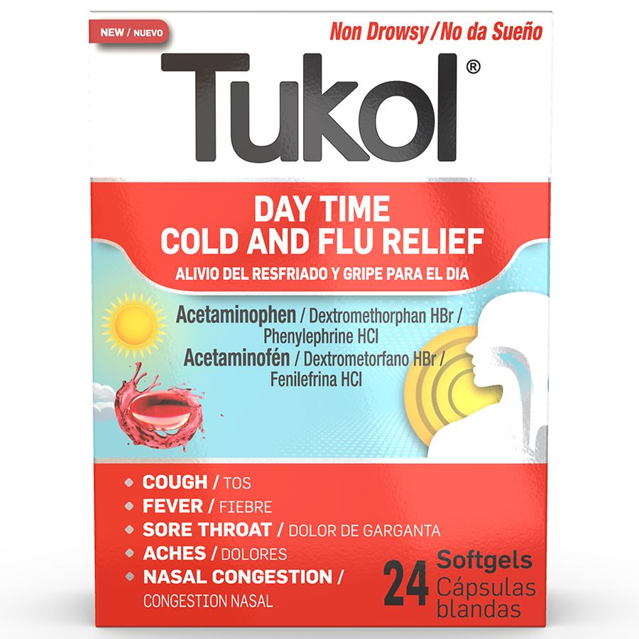 Tukol Day Time Soft Gels, Cold & Flu Multi-Symptom Relief, Non-Drowsy ...