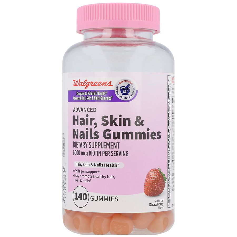 Walgreens Advanced Hair, Skin & Nails Gummies Natural Strawberry ...