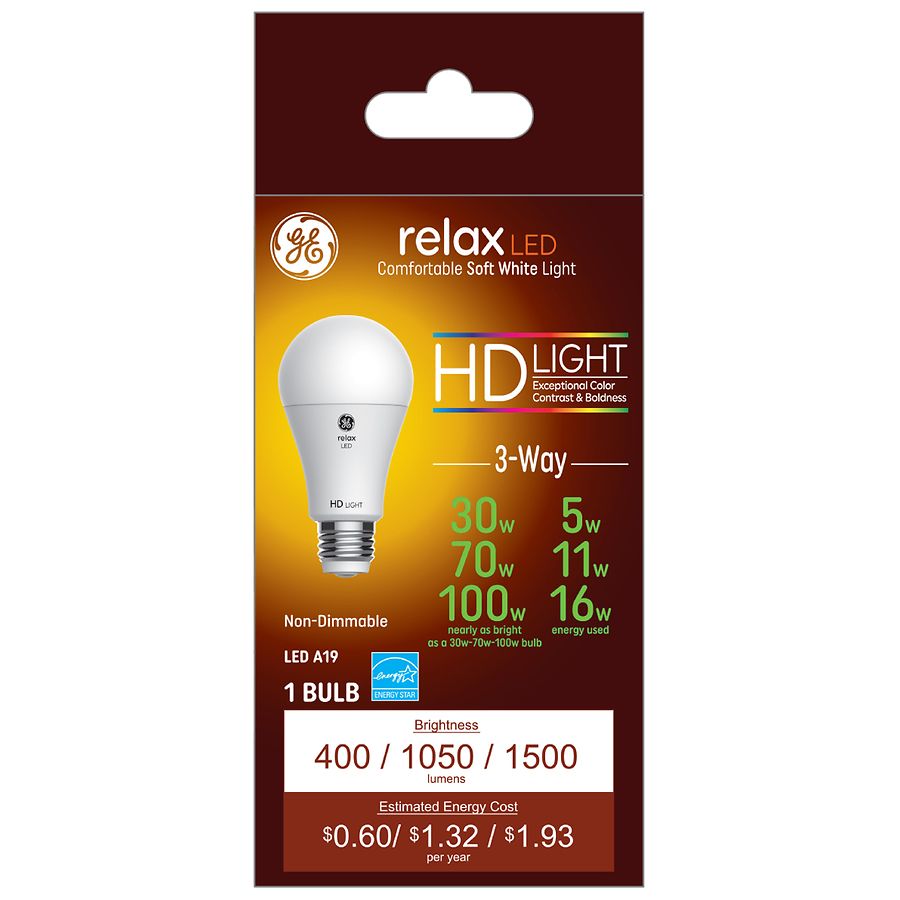 GE Relax 5/11/16 Watts 3-Way HD Light Soft White LED A19 Light Bulb ...