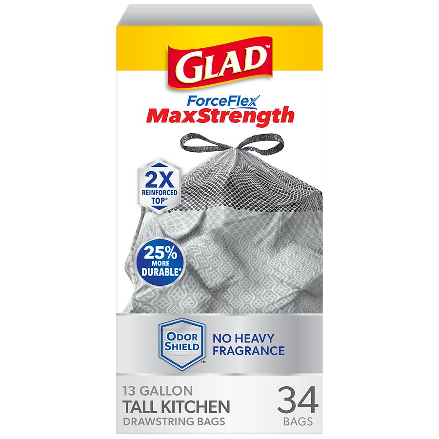 Glad ForceFlex MaxStrength Kitchen Drawstring Trash Bags, Odorshield ...