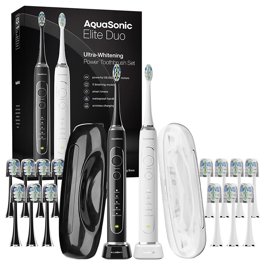 Aquasonic Elite Ultra Whitening Duo Rechargeable Toothbrush Set Black ...