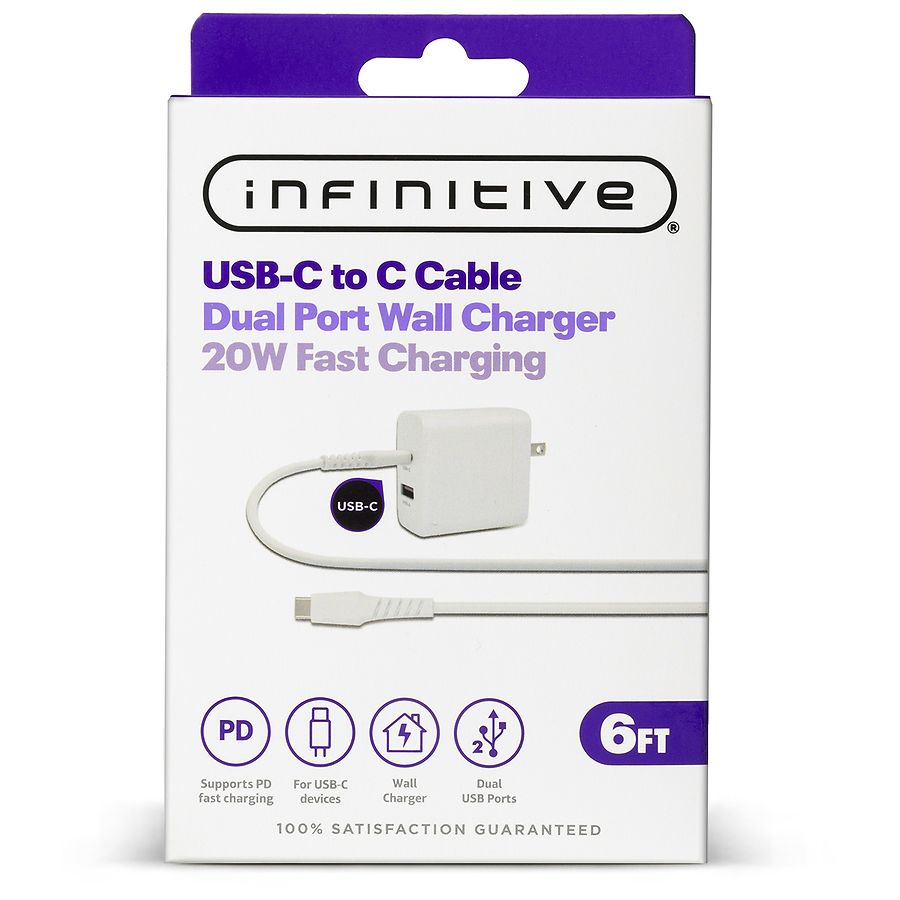 Infinitive USB-C to C Cable + Wall Charger Dual Port Combo Pack 20 Watt ...
