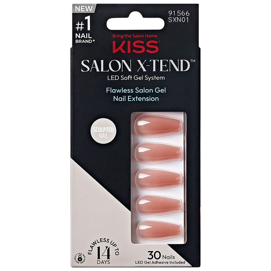 Kiss Salon X-TEND LED Gel Nail Kit Press-On Nails Long Coffin, Solid ...