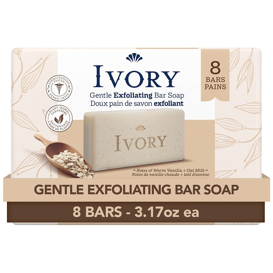 Ivory Gentle Exfoliating Bar Soap Notes of Warm Vanilla + Oat Milk, 8 ...