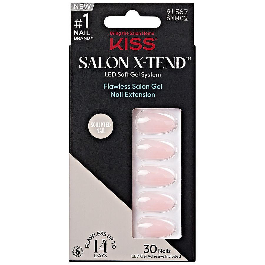 Kiss Salon X-TEND LED Gel Nail Kit Press-On Nails Medium Almond, Solid ...