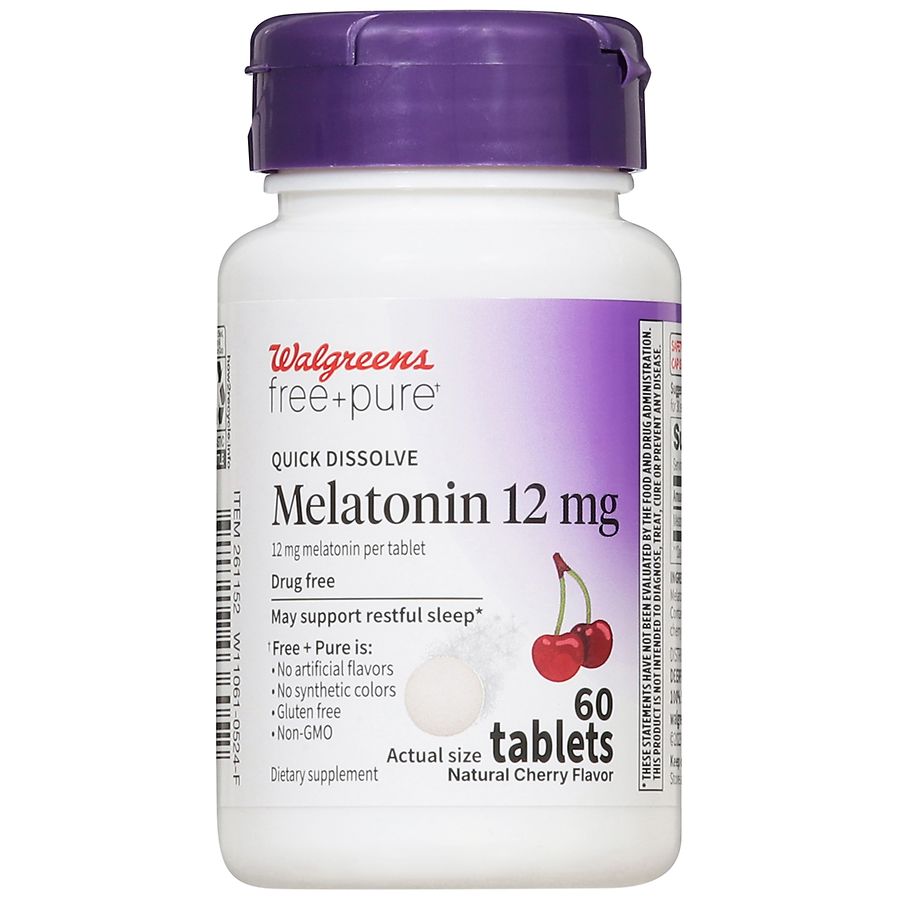 Walgreens Free & Pure Quick Dissolve Melatonin 12 mg Tablets Cherry ...