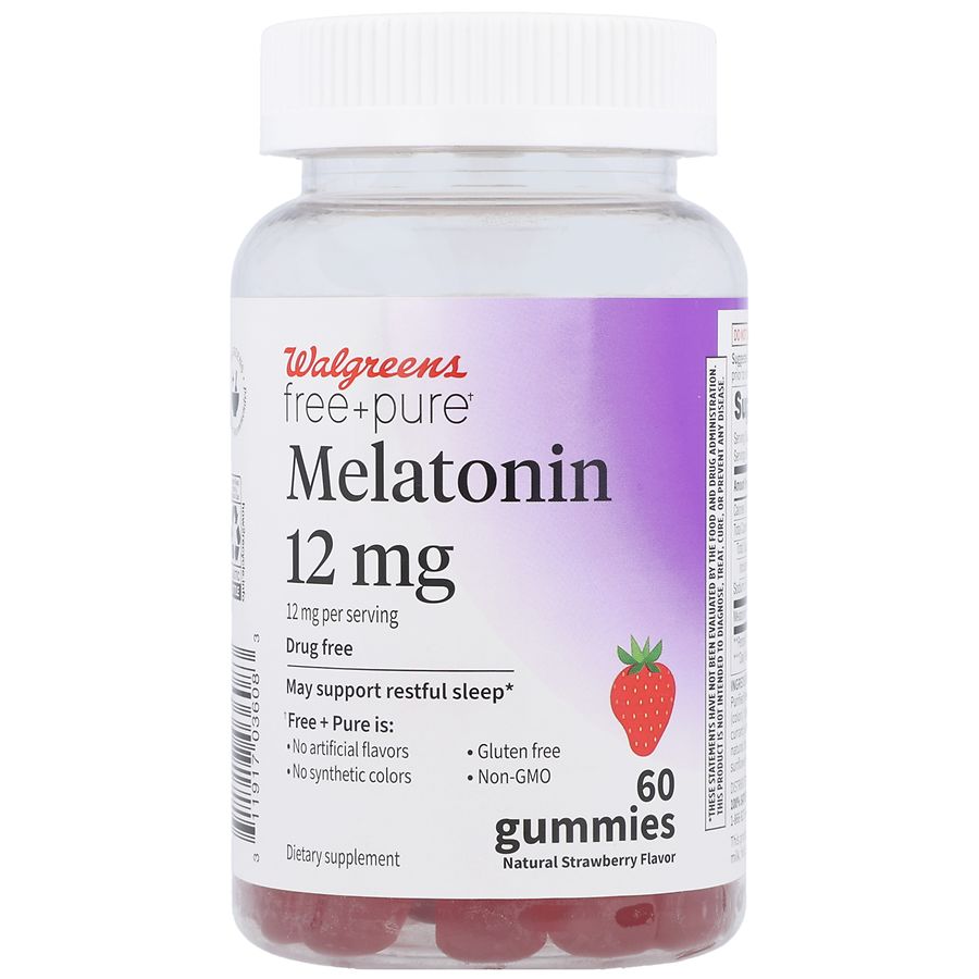 Walgreens Free & Pure Melatonin 12 mg Gummies Natural Strawberry ...