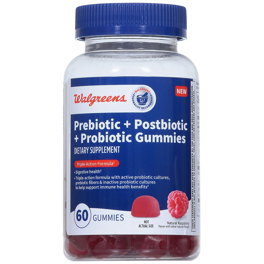 Walgreens Prebiotic + Postbiotic + Probiotic Gummies Natural Raspberry ...