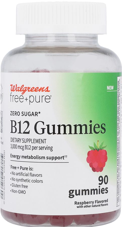 Walgreens Free & Pure B12 3,000 mcg Gummies, Zero Sugar Raspberry ...