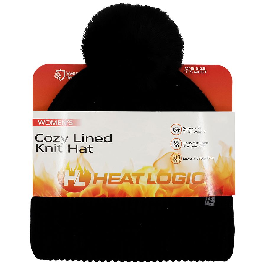 Heat Logic Cable Pom Beanie with Cozy Sherpa Lining Black | Walgreens
