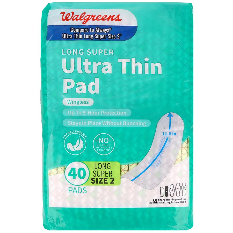 Walgreens Long Super Ultra Thin Pads, Wingless Size 2 | Walgreens