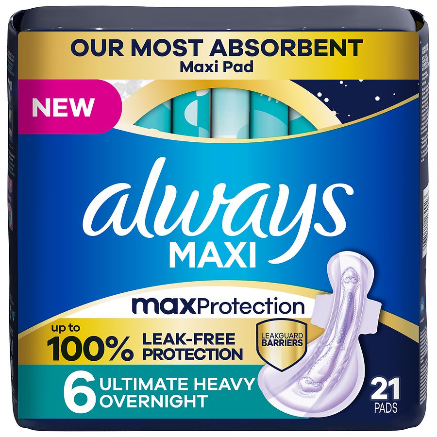 Always Maxi Pads with Wings for Women Unscented, Size 6, Ultimate Heavy ...