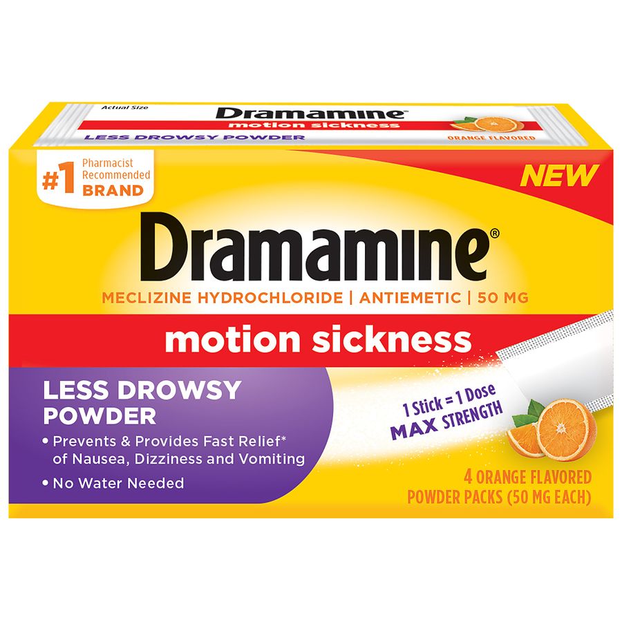 Dramamine Motion Sickness Relief, Less Drowsy Powder Orange | Walgreens
